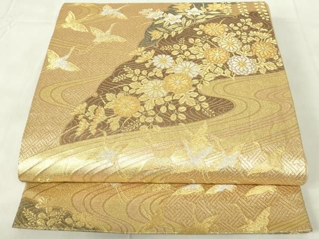 平和屋着物●澤屋重兵衛　六通柄袋帯　流水文　金糸　引箔　正絹　逸品　DAAW4432cm 平和屋着物◎六通柄袋帯 流水飛鶴花文 金銀糸 正絹 逸品 DAAZ9476qp