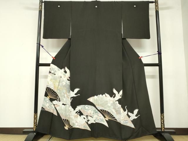 平和屋着物□豪華黒留袖 駒刺繍 扇面飛鶴松文 金彩 正絹 逸品