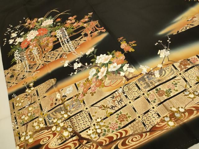平和屋着物□豪華黒留袖 作家物 花車文 暈し染め 金彩 正絹 逸品