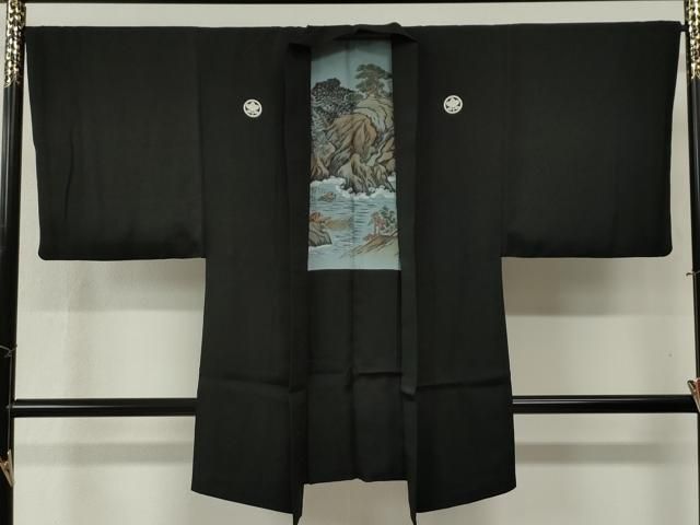 平和屋着物○男性 黒紋付 羽織セット 羽裏：浜松文 正絹 逸品