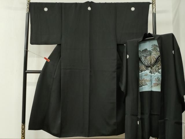 平和屋着物●男性　黒紋付　羽織セット　正絹　逸品　AABE0199cs 平和屋着物○男性 黒紋付 羽織セット 羽裏：浜松文 正絹 逸品