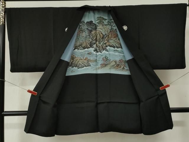 平和屋着物○男性 黒紋付 羽織セット 羽裏：浜松文 正絹 逸品