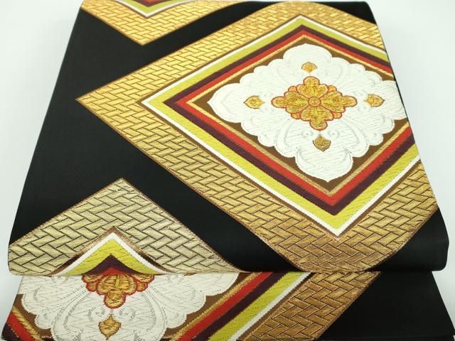 平和屋着物◎六通柄袋帯 流水花文 黒地 金糸 正絹 逸品 AABD7237yx