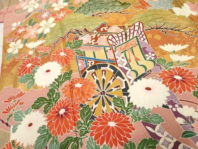 平和屋着物○豪華振袖 友禅 駒刺繍 御所車吉祥花文 金彩 正絹 逸品