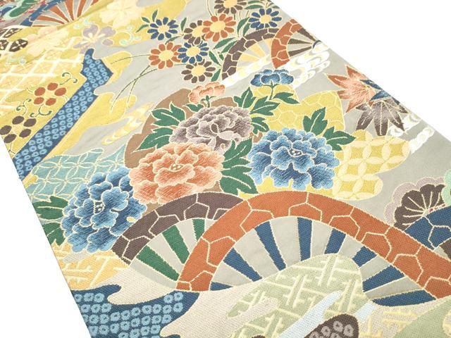 平和屋着物○西陣 白綾苑大庭 六通柄袋帯 片輪車花文 金糸 正絹 逸品