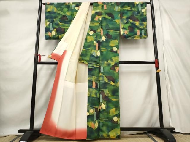 平和屋着物□上質な小紋 紬地 幾何学文様 暈し染め 正絹 逸品 未使用