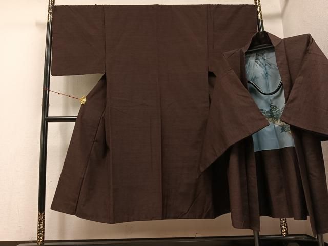 平和屋着物○男性 紬 アンサンブル 色無地 赤褐色 正絹 逸品