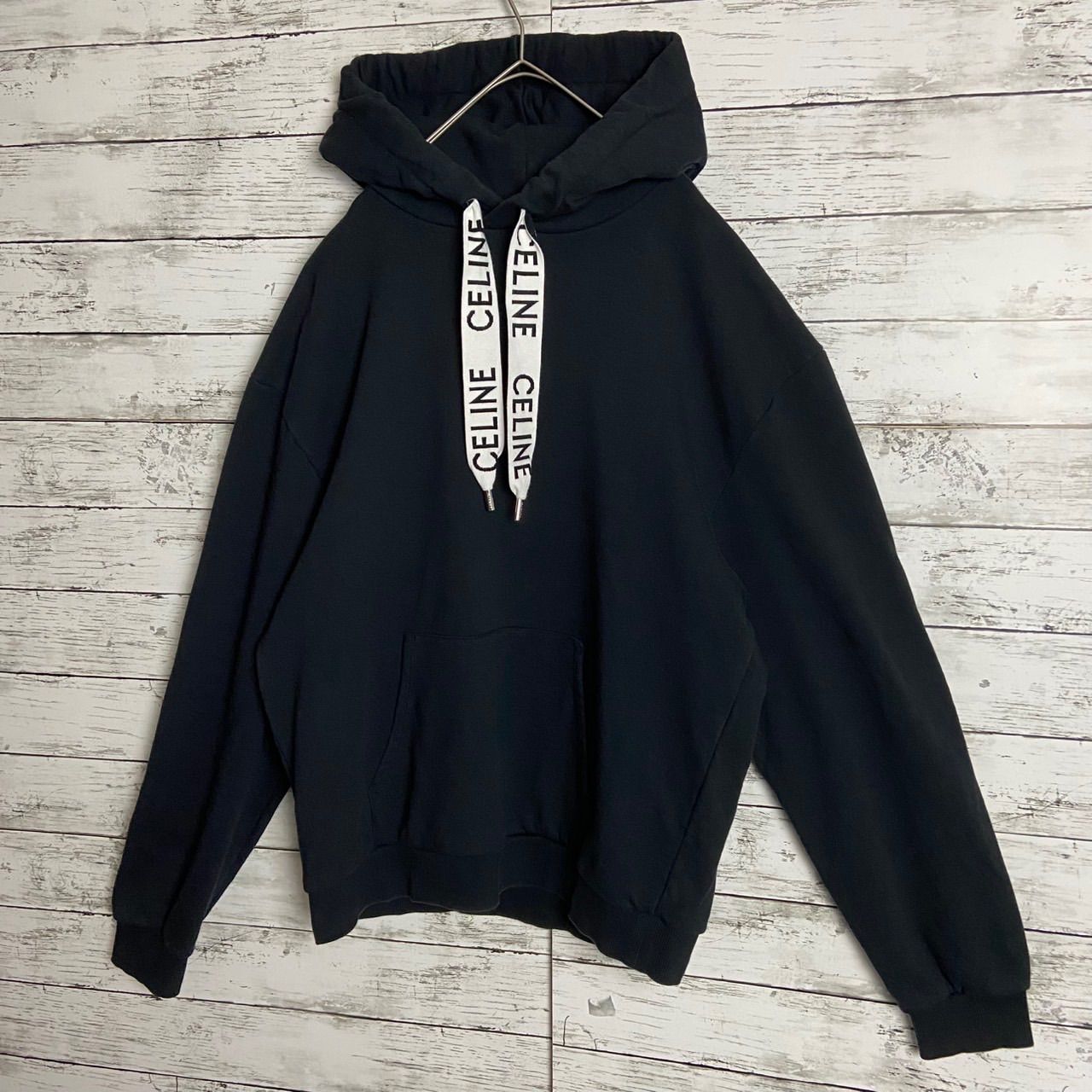 セリーヌ サイズ:XXL  2Y468670Q ロゴドローコードプルオーバーパーカー 中古 SB01 セリーヌ CELINE ドローコード パーカー 2Y468670Q ブラック 黒 XXL