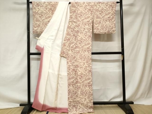 平和屋着物□上質な小紋 型染め 草花文 鬼しぼ縮緬 正絹 逸品