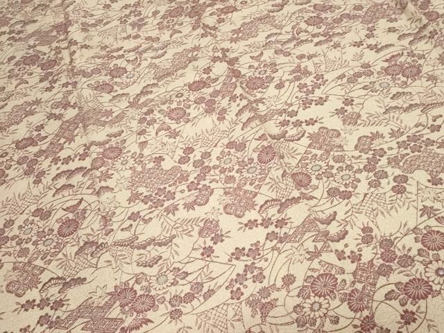 平和屋着物□上質な小紋 型染め 草花文 鬼しぼ縮緬 正絹 逸品