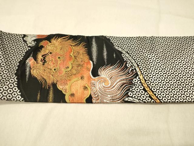 平和屋着物◎アンティーク 大正ロマン 九寸名古屋帯 唐獅子 吉祥花丸文