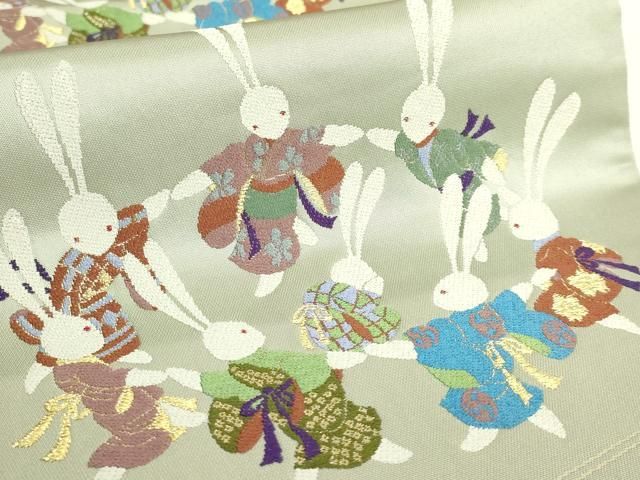 平和屋着物○極上 小田章 太鼓柄袋帯 かごめかごめ 兎 金糸 砂色地