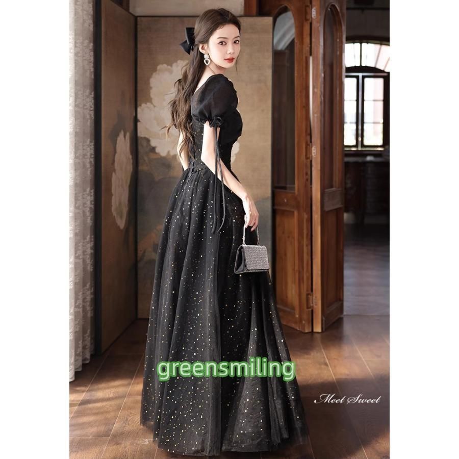 カラードレス ロングドレス パーティードレス 半袖 ブラック チュール