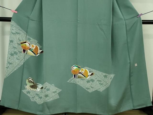 平和屋本店○極上 人間国宝・羽田登喜男 訪問着 鴛鴦5羽 薄青色地 金銀