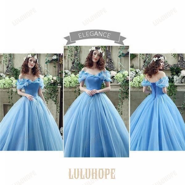 パフスリーブ プリンセスライン ウェディングドレス ロング ブルー