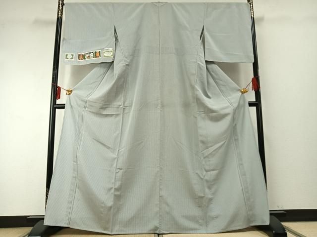 平和屋着物▽本塩沢 単衣 やまだ織 縞 証紙付き 正絹 逸品 AABE5639fy