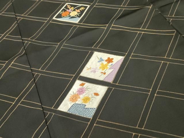 平和屋着物▽訪問着 刺繍 花菱文 黒地 金彩 正絹 逸品 DAAZ6813fe