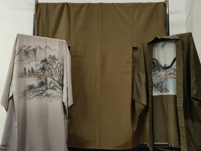 平和屋着物○男性 紬 アンサンブル・長襦袢セット 色無地 朽葉色 羽織