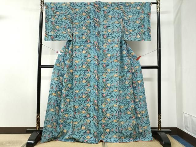 平和屋着物○上質な小紋 紅型 花蝶文 鬼しぼ縮緬 正絹 逸品 CABB4619yc