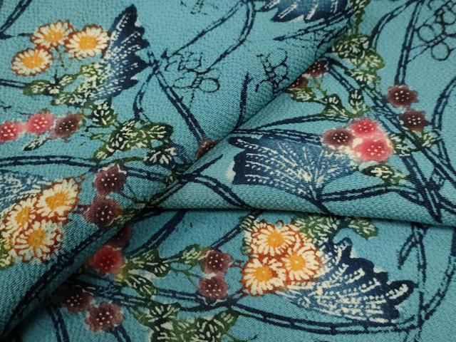 平和屋着物○上質な小紋 紅型 花蝶文 鬼しぼ縮緬 正絹 逸品 CABB4619yc