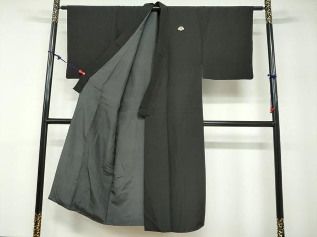 平和屋着物○男性 黒紋付 長羽織セット 羽裏：名所風景文 正絹 逸品