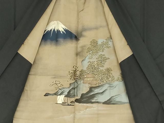 平和屋着物○男性 黒紋付 長羽織セット 羽裏：名所風景文 正絹 逸品