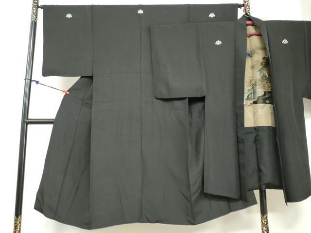 平和屋着物○男性 黒紋付 長羽織セット 羽裏：名所風景文 正絹 逸品