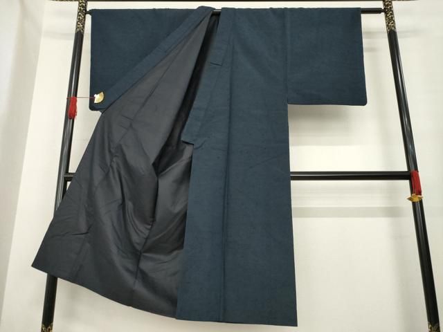 平和屋着物▽男性 紬 アンサンブル 色無地 藍鉄色 正絹 逸品