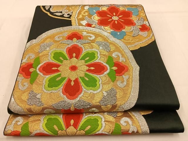 平和屋着物◎六通柄袋帯 唐織 鏡裏花文 黒地 金銀糸 正絹 逸品