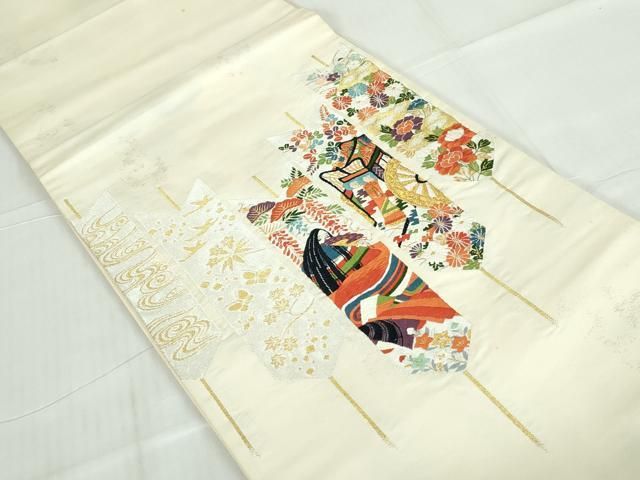 平和屋着物◎太鼓柄袋帯 唐織 人物御所車花文 金銀糸 引箔 正絹 逸品
