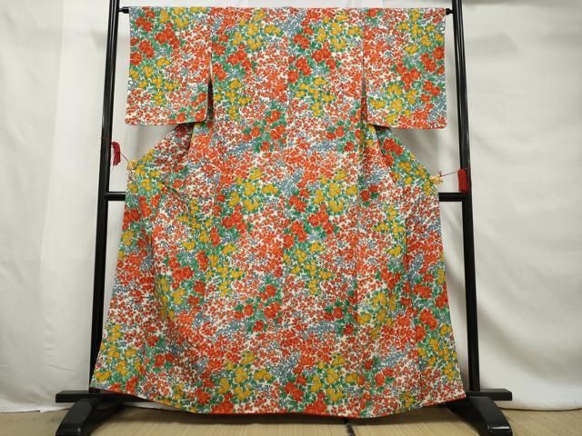 平和屋着物□上質な小紋 草花文 金彩 鬼しぼ縮緬 正絹 逸品 AABE0915gw