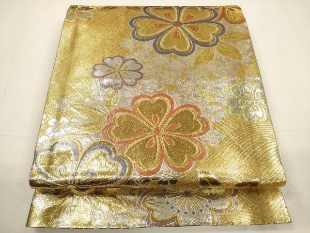 平和屋着物▽佐賀錦 両面 六通柄袋帯 舞桜文 金銀糸 正絹 逸品