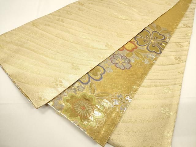 平和屋着物▽佐賀錦 両面 六通柄袋帯 舞桜文 金銀糸 正絹 逸品