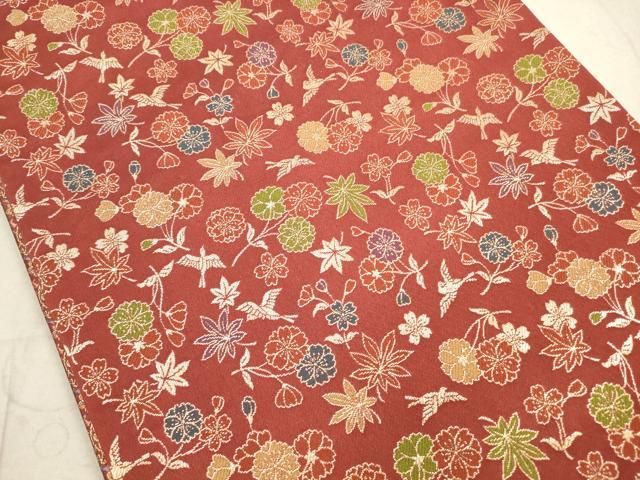 平和屋着物◎両面 全通柄袋帯 花鳥文 金糸 正絹 逸品 DAAZ1960xg