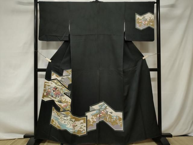 平和屋着物□訪問着 手描き 屏風風景文 十二単 黒地 正絹 逸品