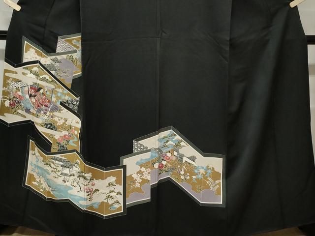 平和屋着物□訪問着 手描き 屏風風景文 十二単 黒地 正絹 逸品