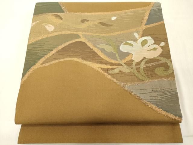 平和屋着物◎太鼓柄袋帯 すくい織 草花文 金糸 正絹 逸品 DABA5337cd