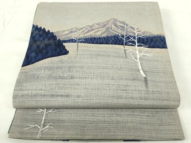 平和屋着物◎太鼓柄袋帯 作家物 手描き 紬地 風景文 金彩 正絹 逸品