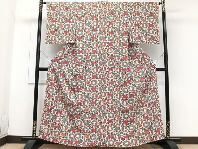 平和屋着物□上質な小紋 型染め 鳳凰花文 鬼しぼ縮緬 正絹 逸品