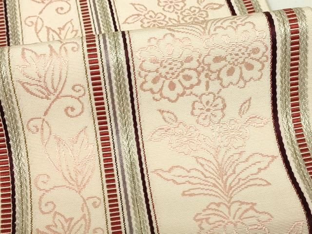 平和屋着物◎本場筑前博多織 両面 半幅帯 花唐草間道 正絹 逸品
