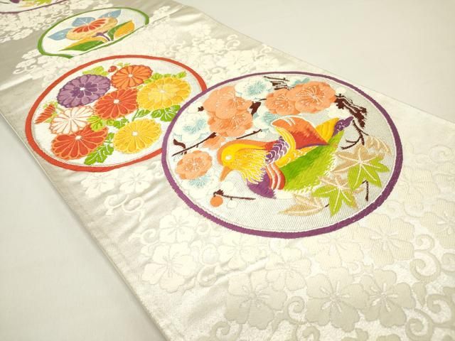 平和屋着物◎六通柄袋帯 唐織 鴛鴦花丸文 橘 金銀糸 正絹 逸品