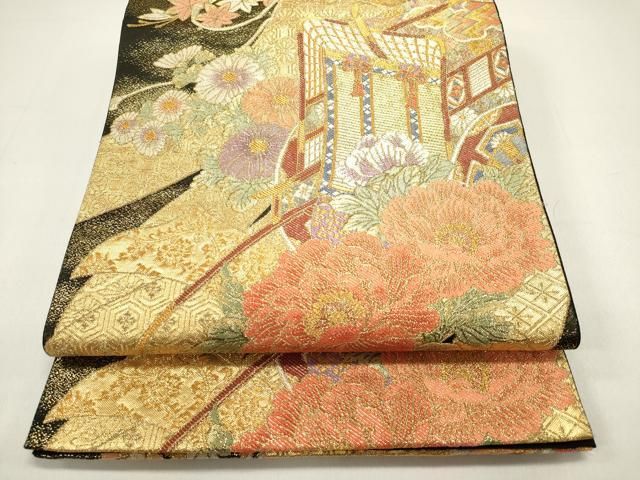 平和屋着物◎六通柄袋帯 錦綾佐賀二重織 御所車花文 金糸 やまと誂製