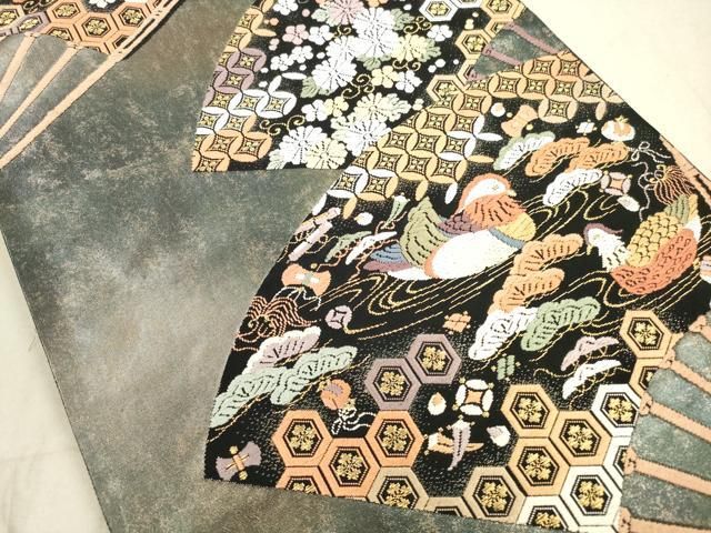 平和屋着物◎西陣 小森織物謹製 六通柄袋帯 唐織 扇面鴛鴦花文 黒地