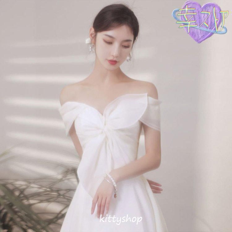 新品?未使用】ウェディングドレス オフショルダー リボン 無地 サテン