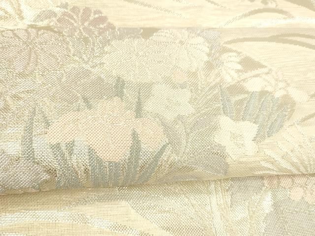 平和屋着物＊夏物 六通柄袋帯 流水草花文 銀糸 正絹 逸品 DABA0709cm