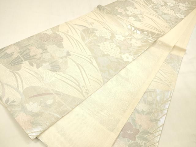 平和屋着物＊夏物 六通柄袋帯 流水草花文 銀糸 正絹 逸品 DABA0709cm