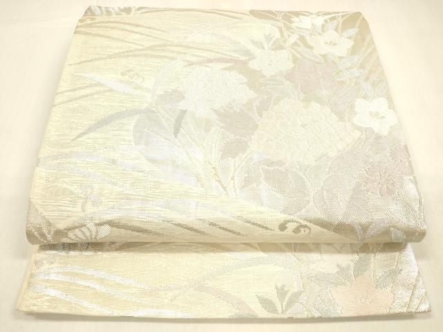 平和屋着物＊夏物 六通柄袋帯 流水草花文 銀糸 正絹 逸品 DABA0709cm