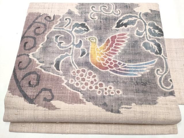 平和屋着物○九寸名古屋帯 作家物 紬地 型染め 葡萄蔦の葉鳥文 正絹