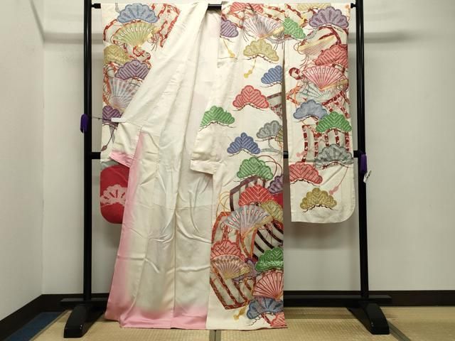 平和屋着物○紫綬褒章 巨匠『岩田専太郎』 振袖 駒刺繍 檜扇松文 金彩