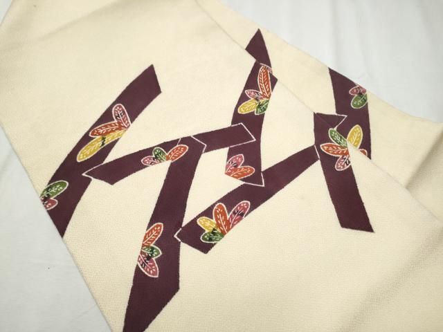 平和屋着物○九寸名古屋帯 型染め 舞葉文 鬼しぼ縮緬 正絹 逸品